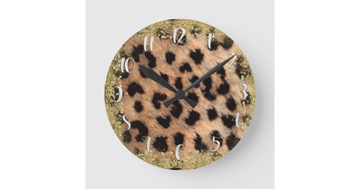 Leopard Cheetah Animal Print Gold Glitter Modern Round Clock | Zazzle