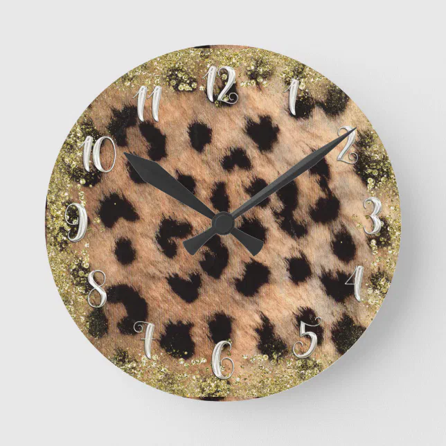 Leopard Cheetah Animal Print Gold Glitter Modern Round Clock | Zazzle