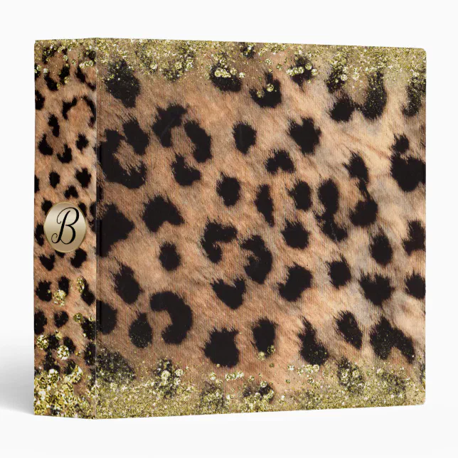 Leopard Cheetah Animal Print Gold Glitter Monogram 3 Ring Binder | Zazzle