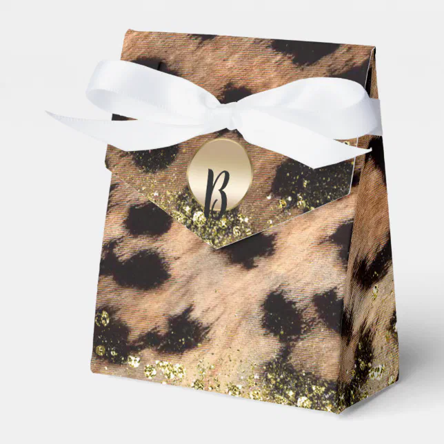 Leopard Cheetah Animal Print Gold Glitter Monogram Favor Boxes | Zazzle