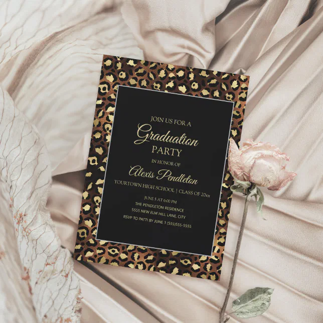 Leopard Cheetah Black Gold Graduation Party Invitation | Zazzle