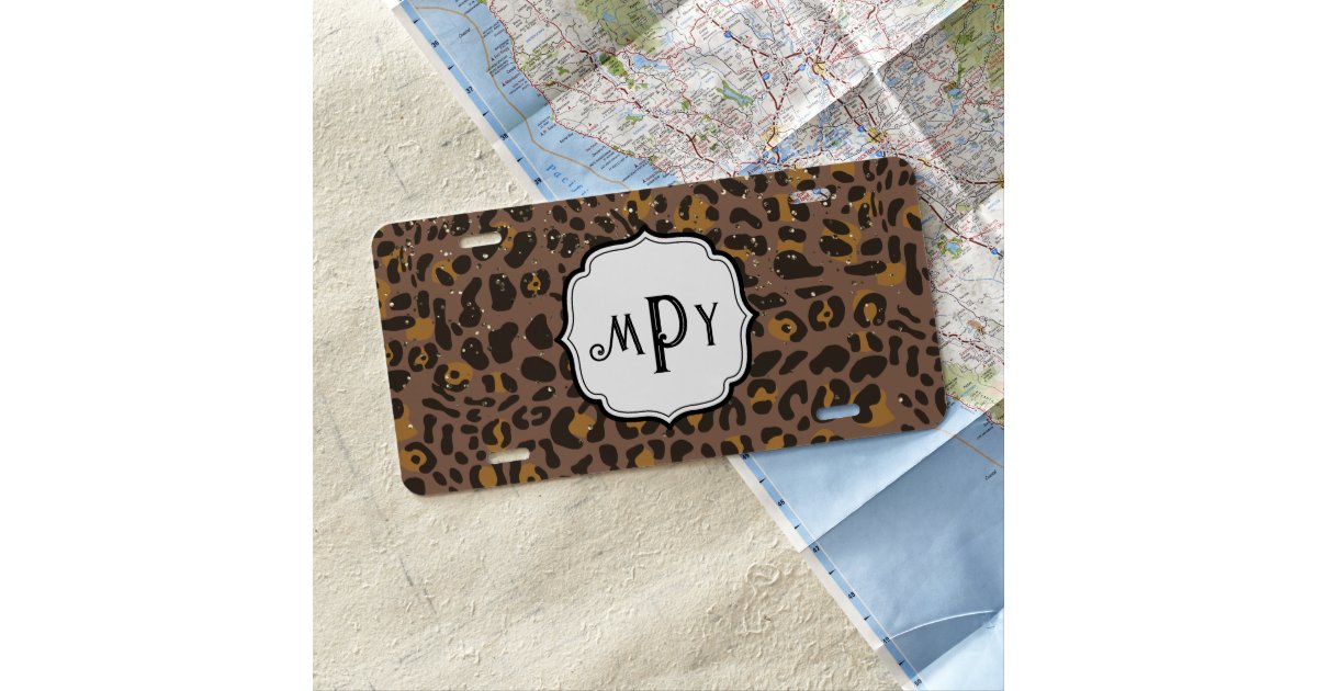 Leopard Cheetah Bronze Metallic Glitter Monogram License Plate | Zazzle