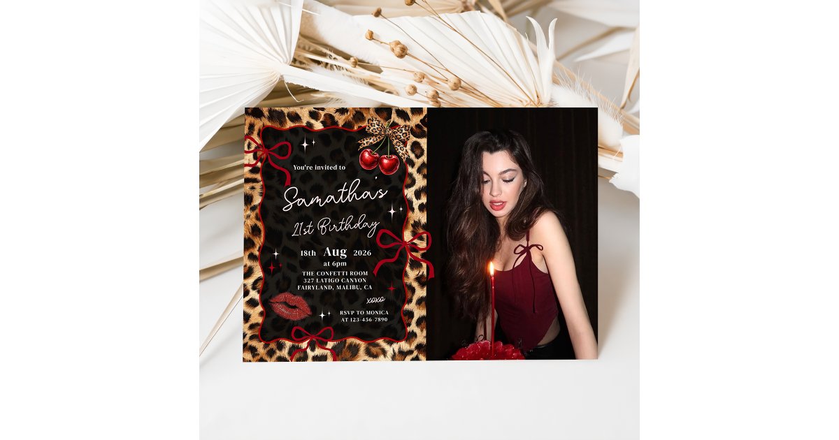 Leopard Cheetah Cherries Birthday Photo Invitation | Zazzle