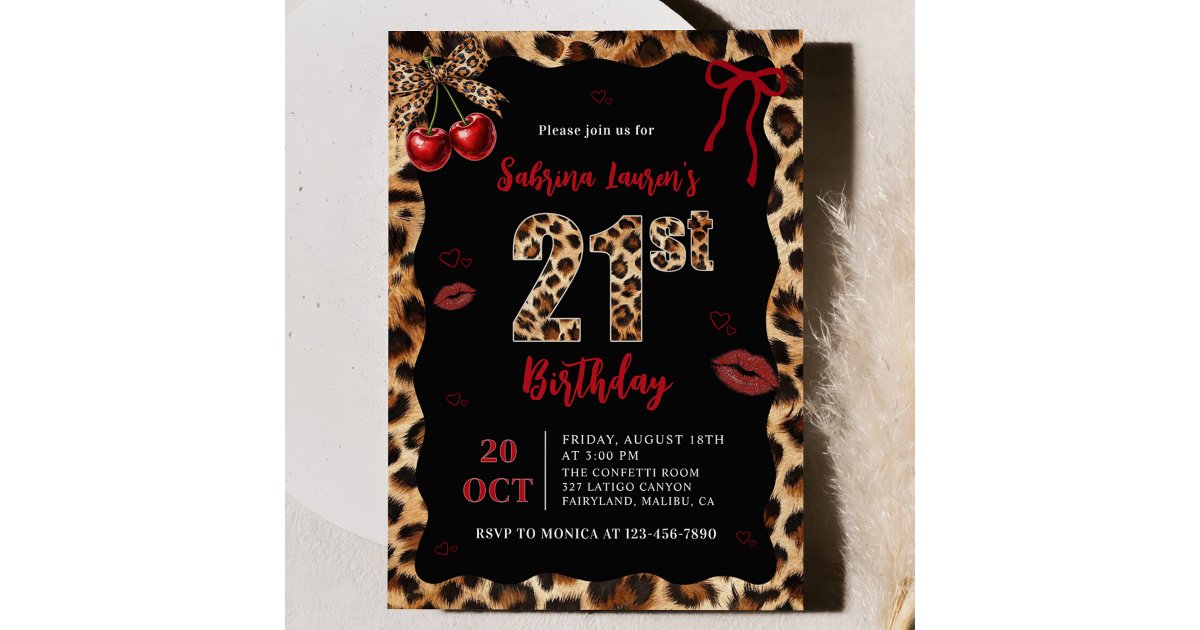 Leopard Cheetah Cherry 21st Birthday Invitation | Zazzle