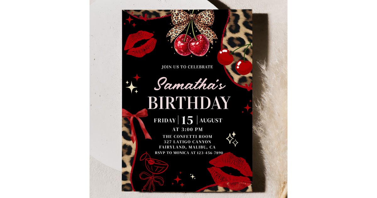 Leopard Cheetah Coquette Cherry Birthday Invitation | Zazzle