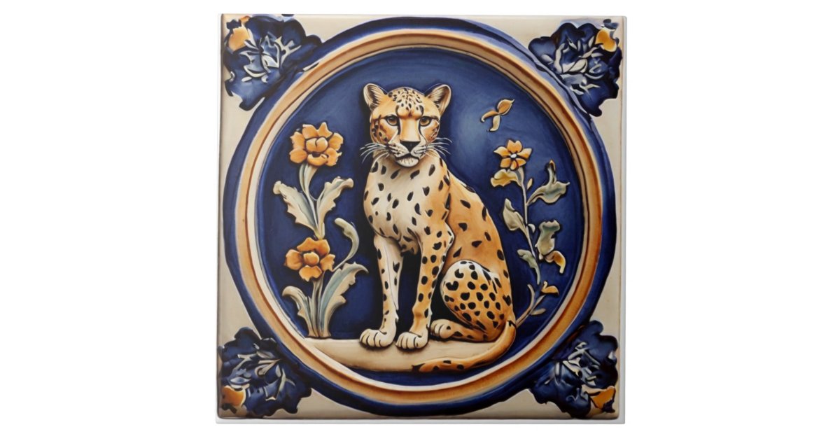 Leopard Cheetah & Flowers Dark Blue Antique Ceramic Tile | Zazzle