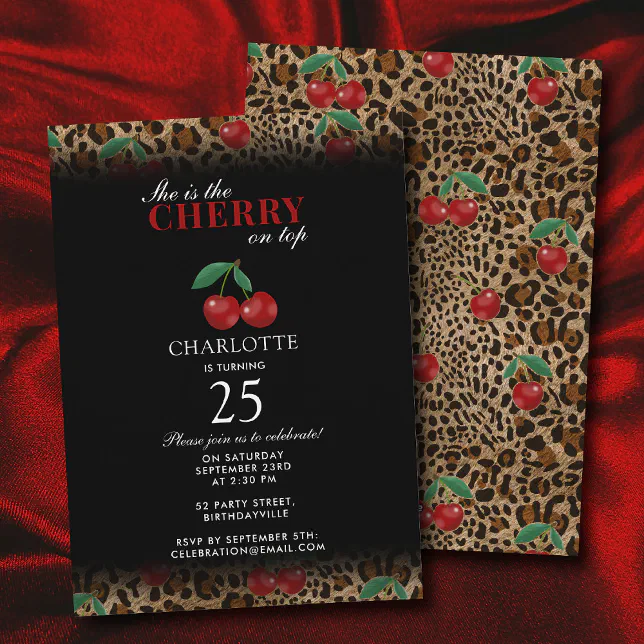 Leopard Cheetah Print Cherry On Top Birthday Invitation | Zazzle