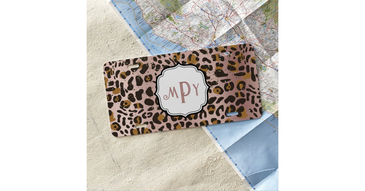 Leopard Cheetah Rose Gold Glitter Monogram License Plate | Zazzle