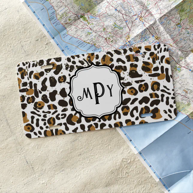 Leopard Cheetah White Metallic Glitter Monogram License Plate | Zazzle