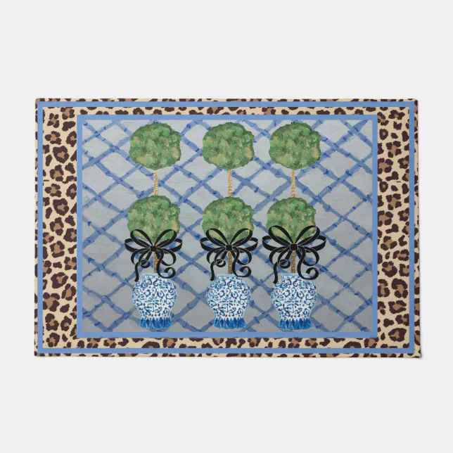 Leopard Chinoiserie Blue Ginger Jars Doormat | Zazzle