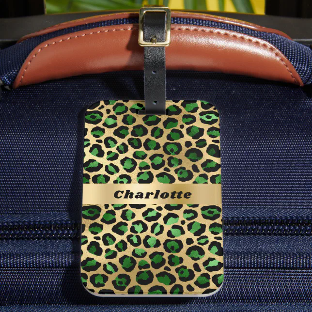 Leopard emerald green gold cheetah pattern name luggage tag | Zazzle