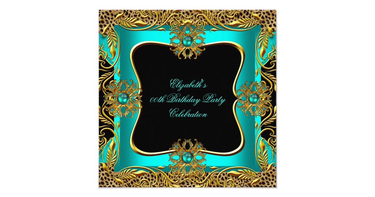 Leopard Jade Teal Gold Jewel Black Birthday Party Invitation | Zazzle.com