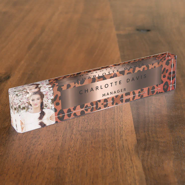 Leopard pattern brown rose gold photo desk name plate | Zazzle