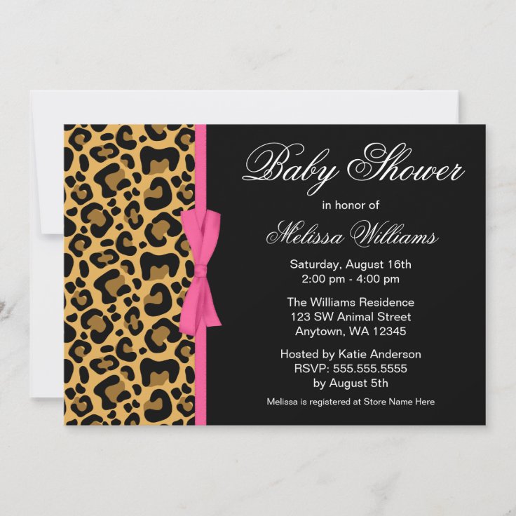 Leopard Pattern Pink Printed Ribbon Baby Shower Invitation | Zazzle