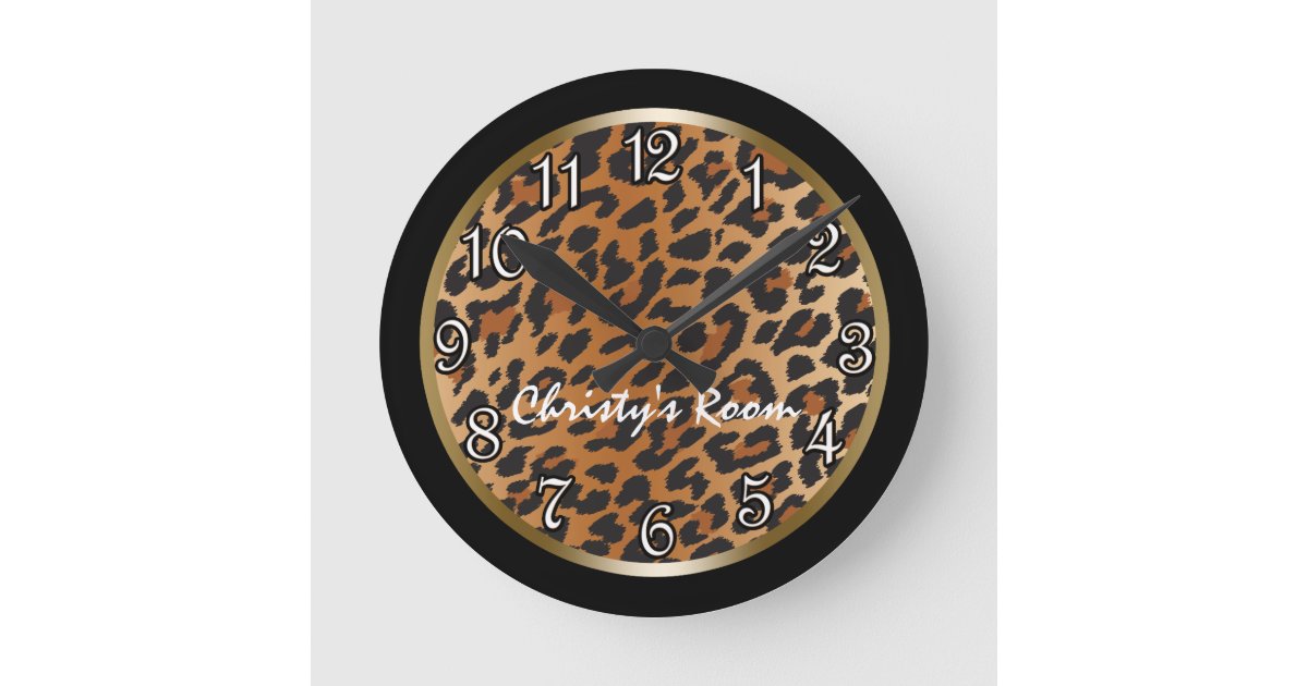 Leopard Print black Gold Personalized Wall Clock | Zazzle