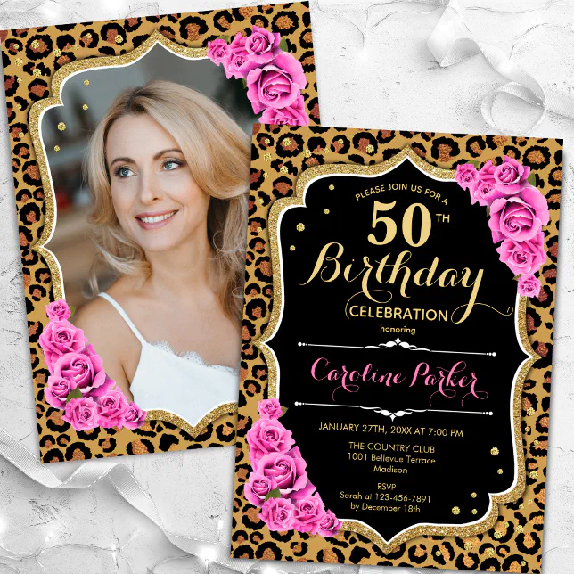 Leopard Print Black Pink Photo 50th Birthday Invitation Zazzle
