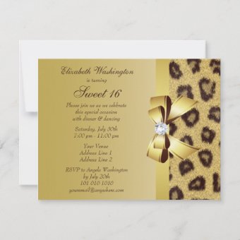 Leopard Print, Bow & Diamond Sweet 16 Invitation | Zazzle