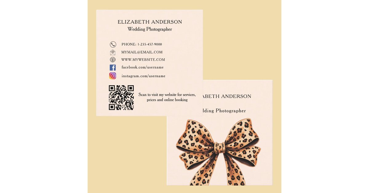 Leopard print bow peach QR code social media Square Business Card | Zazzle