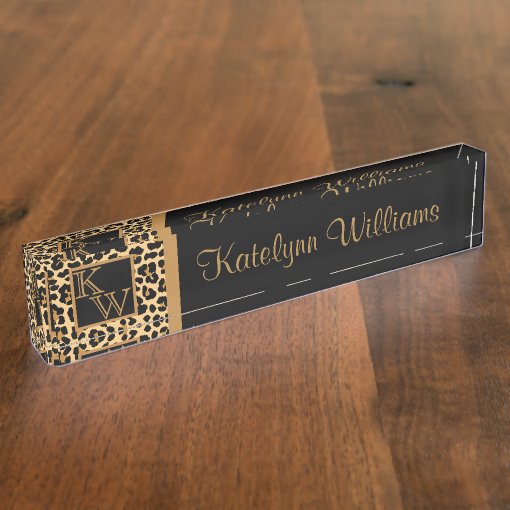 Leopard Print Custom Monogram Desk Name Plate | Zazzle