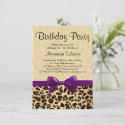 Leopard Print Grape Purple Bow Girl Birthday Party Invitation | Zazzle