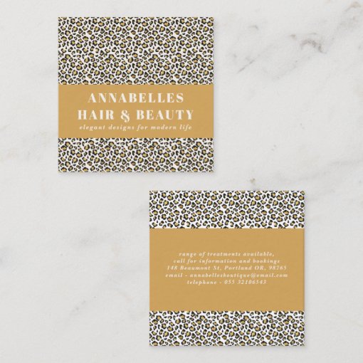 Leopard print initial typography bold modern gold square business card ...