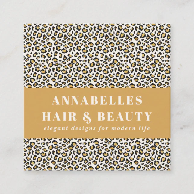 Leopard print initial typography bold modern gold square business card ...