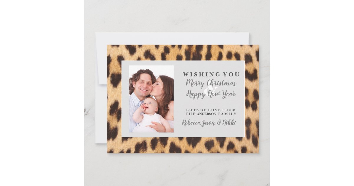 leopard print New Year Christmas family photo Holiday Card | Zazzle