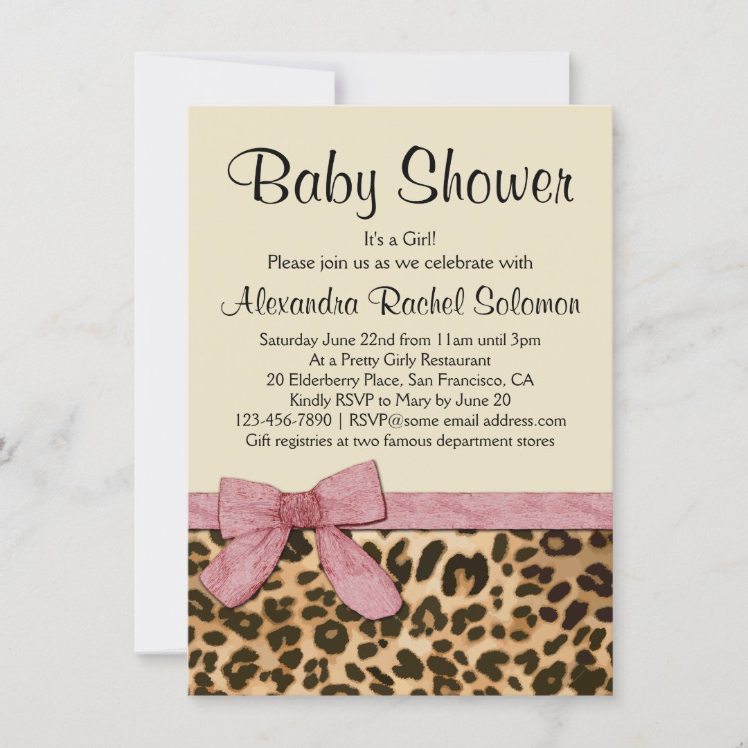 Leopard Print Pink Bow Girl Baby Shower Invitation | Zazzle