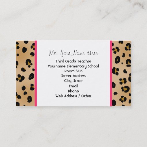 Leopard Print Pink Schoolhouse Teacher Business Card | Zazzle