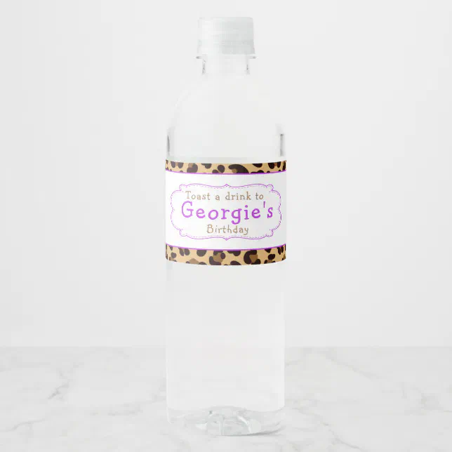 Leopard Print Purple Quatrefoil Birthday Party Water Bottle Label | Zazzle