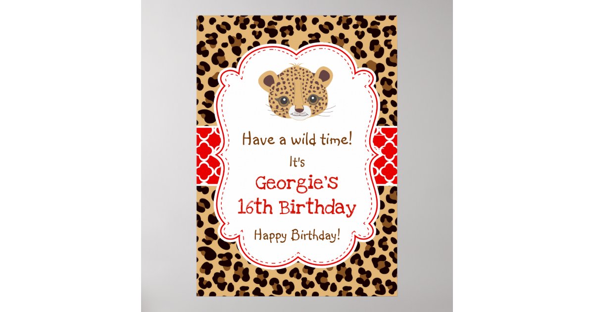 Leopard Print Quatrefoil Birthday Poster Red | Zazzle