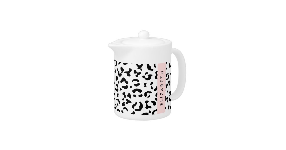 Leopard Print, Spots, Black And White, Your Name Teapot | Zazzle