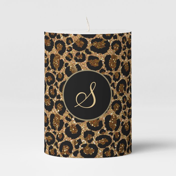 Leopard print with gold glitters and monogram pillar candle | Zazzle.com