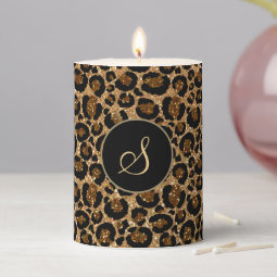 Leopard print with gold glitters and monogram pillar candle | Zazzle