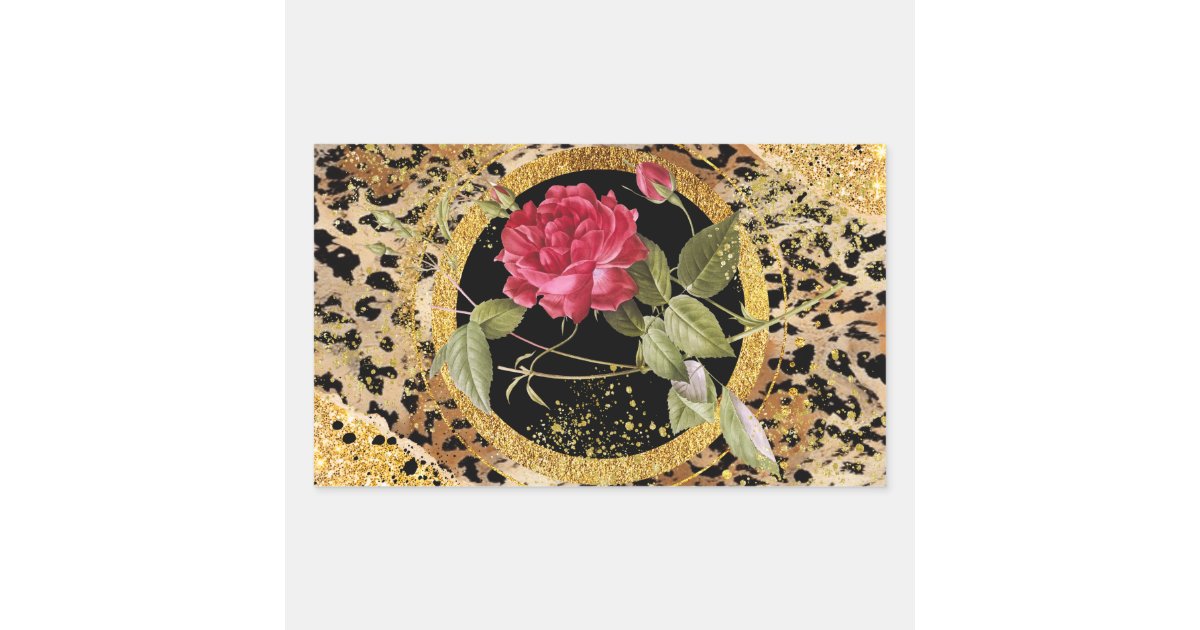 leopard print with roses and gold glitter rectangular sticker | Zazzle
