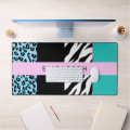 Leopard Print, Zebra Print, Blue, Your Name Desk Mat | Zazzle