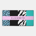 Leopard Print, Zebra Print, Blue, Your Name Desk Mat | Zazzle