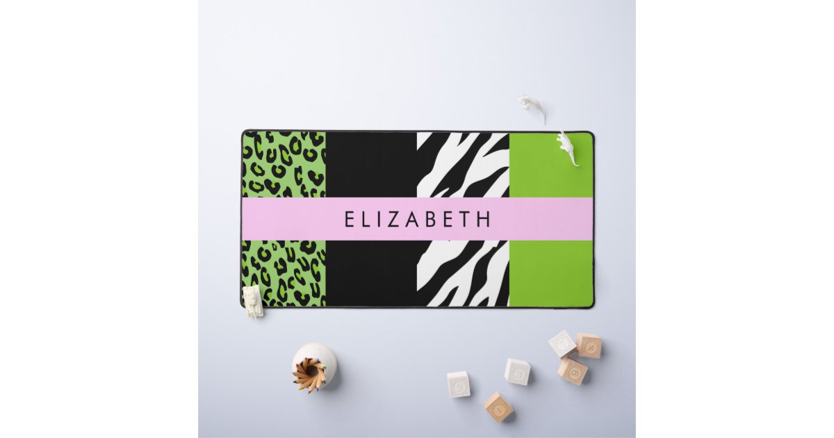 Leopard Print, Zebra Print, Green, Your Name Desk Mat | Zazzle