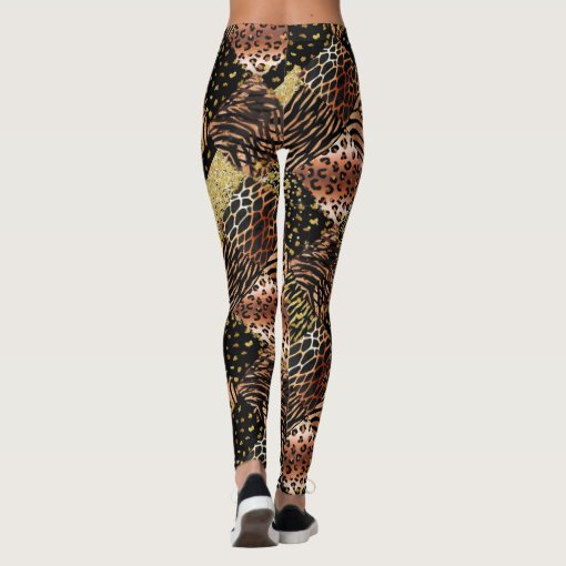 Leopard rose gold copper black animal print chic leggings | Zazzle