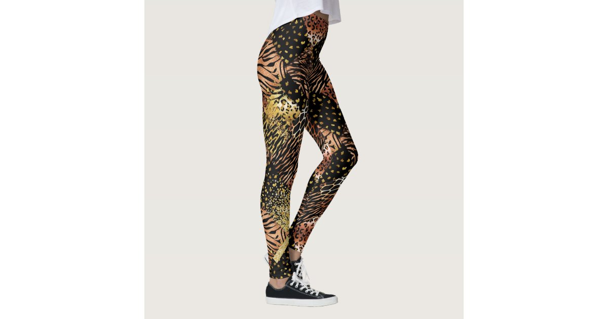 Leopard rose gold copper black animal print chic leggings | Zazzle