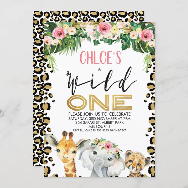 Leopard Skin Floral Wild One Birthday Invitation | Zazzle
