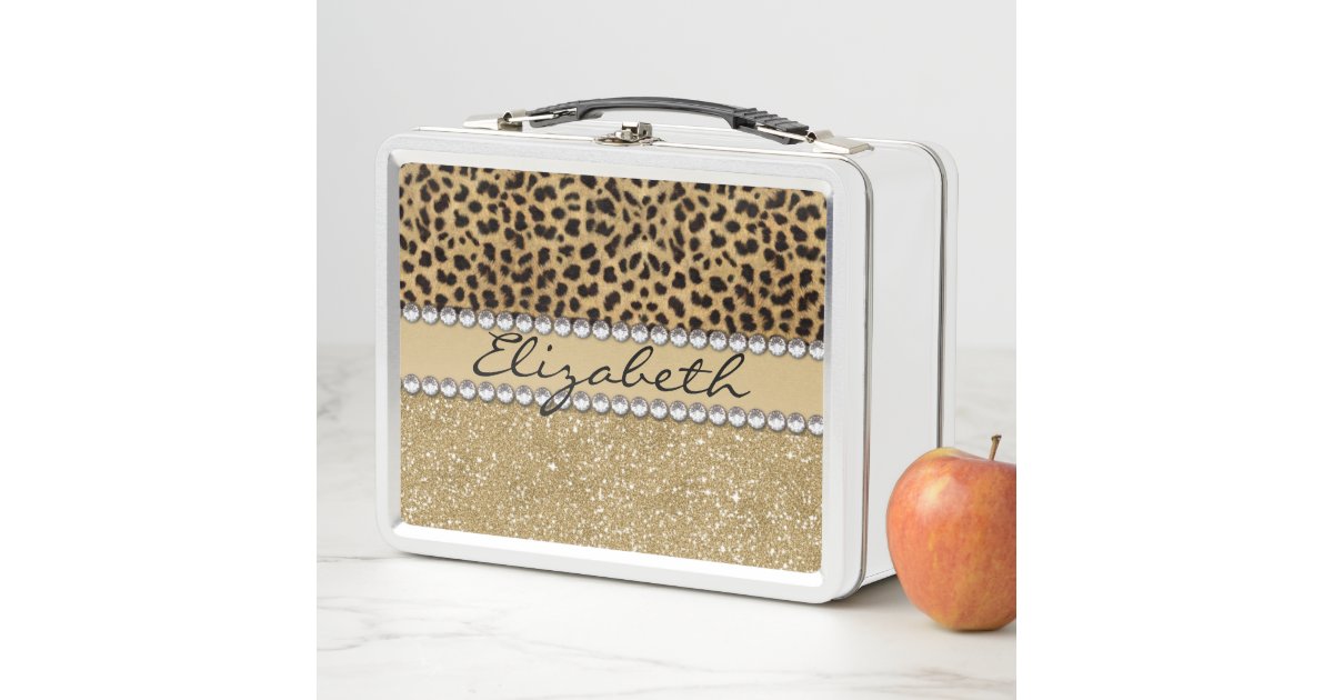 Leopard Spot Gold Glitter Rhinestone Metal Lunch Box | Zazzle