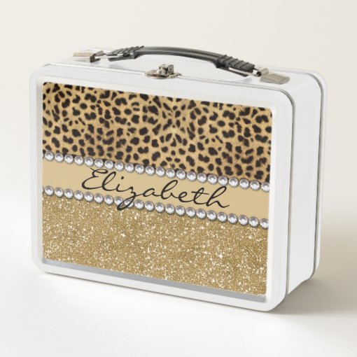 Leopard Spot Gold Glitter Rhinestone Metal Lunch Box | Zazzle