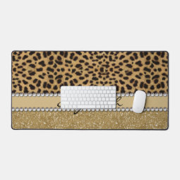 Leopard Spot Gold Glitter Rhinestone PHOTO PRINT Desk Mat | Zazzle