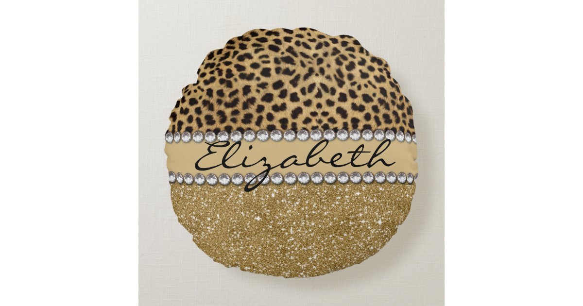 Leopard Spot Gold Glitter Rhinestone PHOTO PRINT Round Pillow | Zazzle