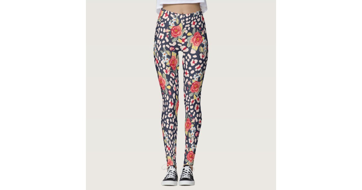 Leopard Spots And Vintage Roses Animal Print Leggings | Zazzle