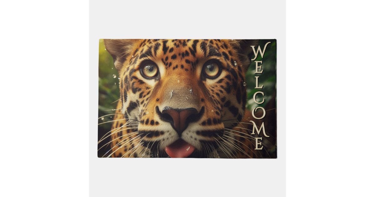 Leopard Stares While Lapping Water Welcome Doormat | Zazzle