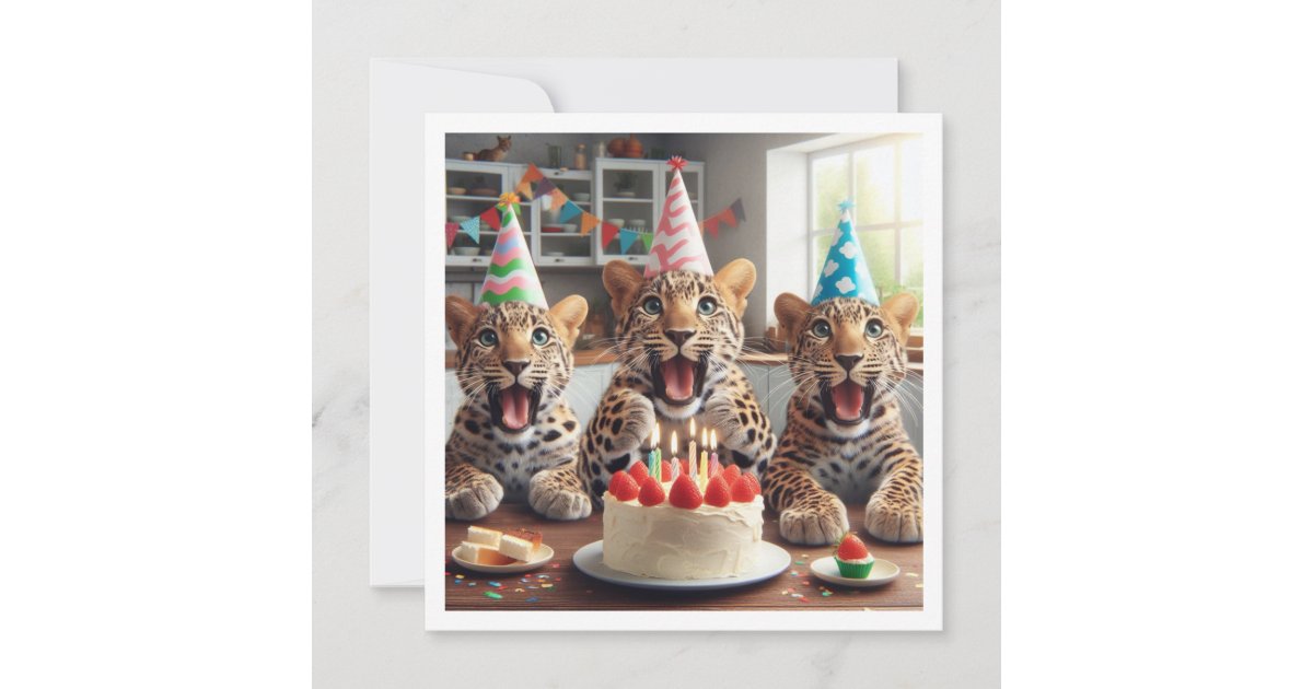 Leopards celebrating, leopard picture birthday invitation | Zazzle