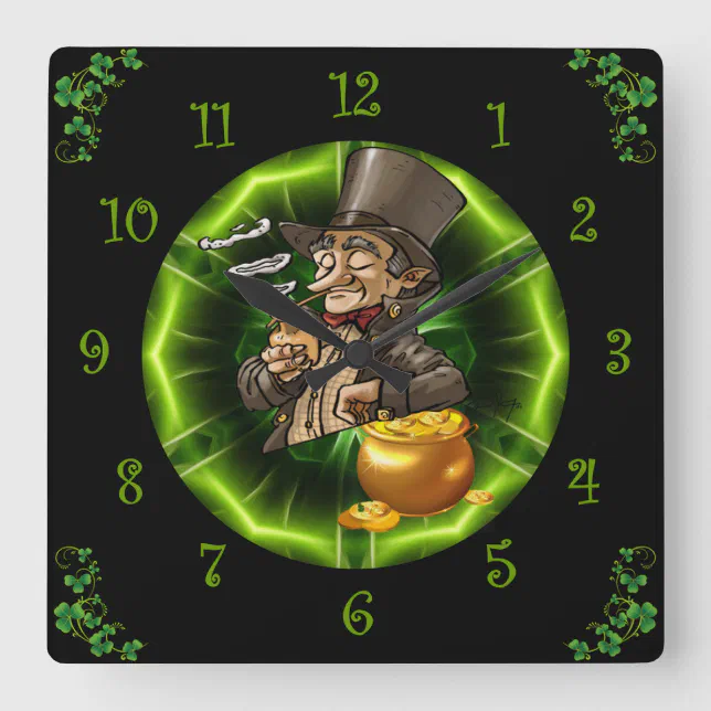 Leprechaun Leaning On Pot Of Gold Square Wall Clock | Zazzle