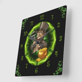 Leprechaun Leaning On Pot Of Gold Square Wall Clock | Zazzle